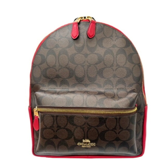 Coach | Bags | Coach Backpack Signature Brown Red Pvc Leather Rucksack ...